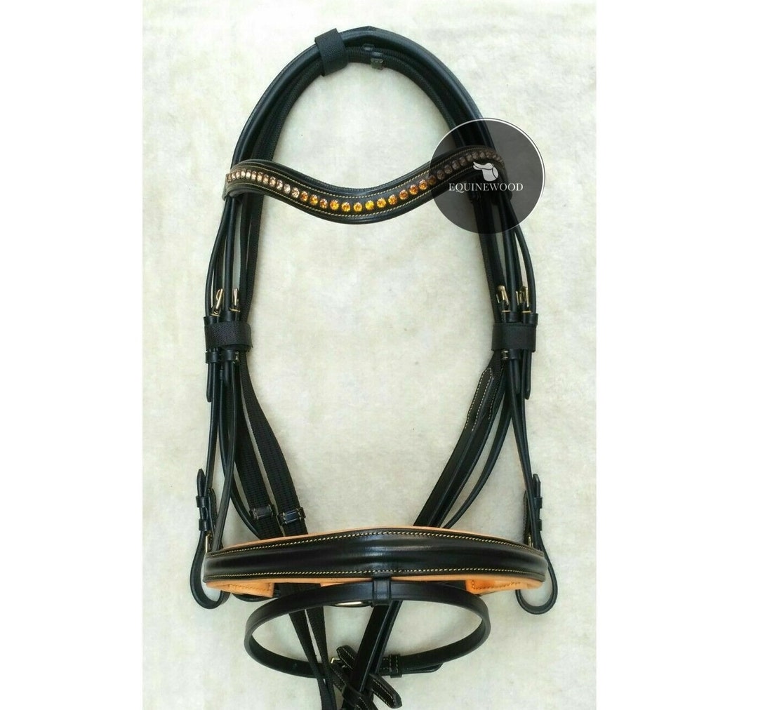 Black Leather Horse Bridle With Golden Clear Crystal Browband Matching ...