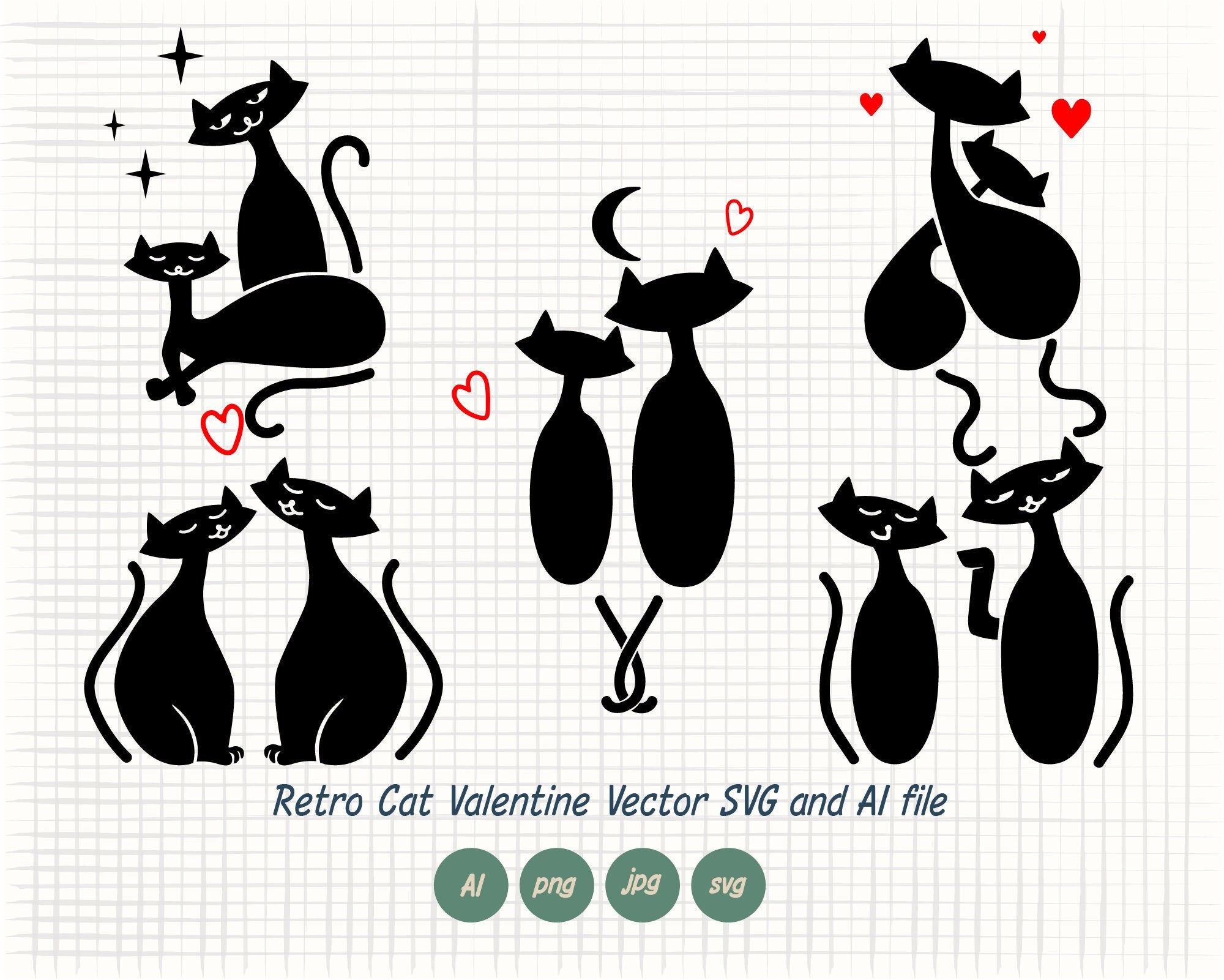 Retro Valentines Png Atomic Cat Svg Retro Cat Digital Mid Century Retro ...