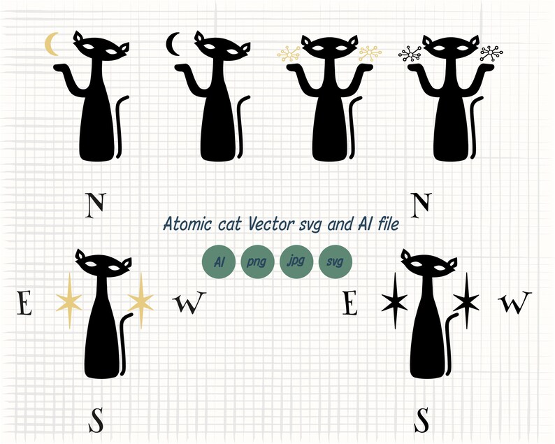 Kitten Svg, Atomic Cat Svg Bundle for Cricut, Mcm Kitties Png for Cat ...