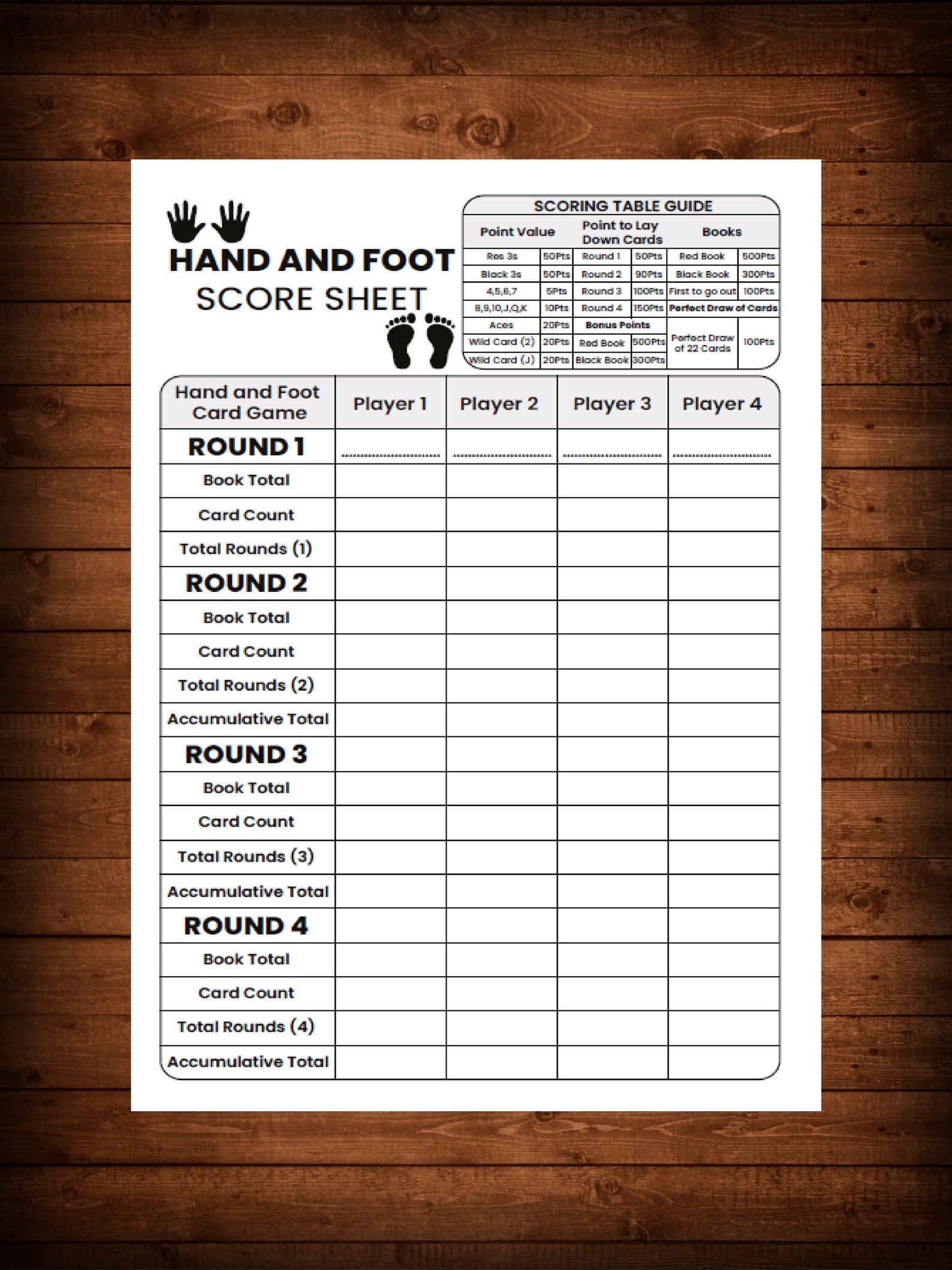 Printable Hand and Foot Score Sheet | Hand and Foot Score Card | Hand ...