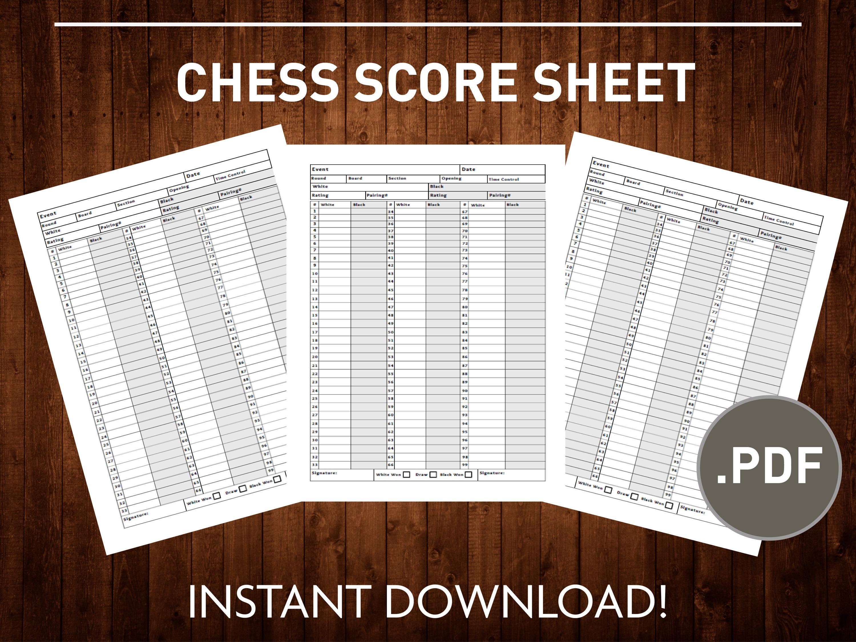 Printable Chess Score Sheet Template | Chess Notation Sheet | Printable ...