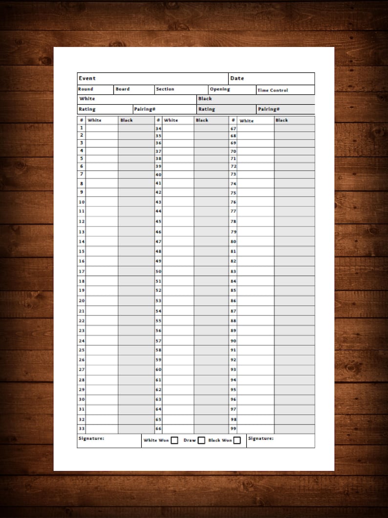 Printable Chess Score Sheet Template | Chess Notation Sheet | Printable ...