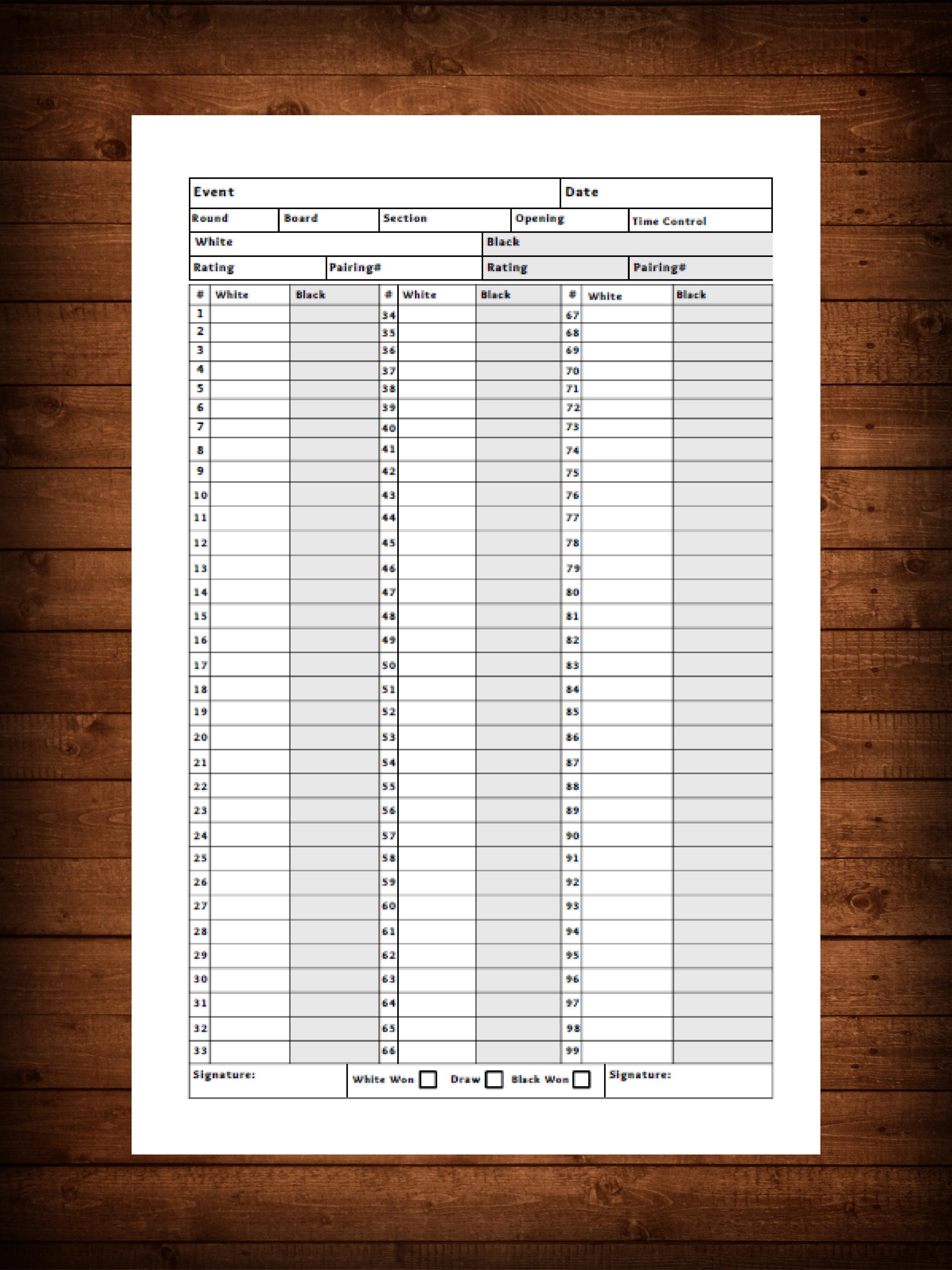Printable Chess Score Sheet Template | Chess Notation Sheet | Printable ...