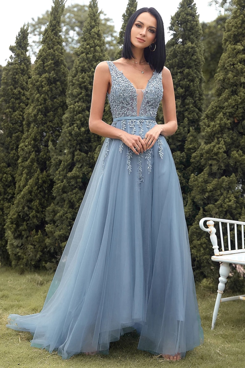 Dusty Blue Long Prom Dress With Applique, A Line Evening Dress,deep V ...