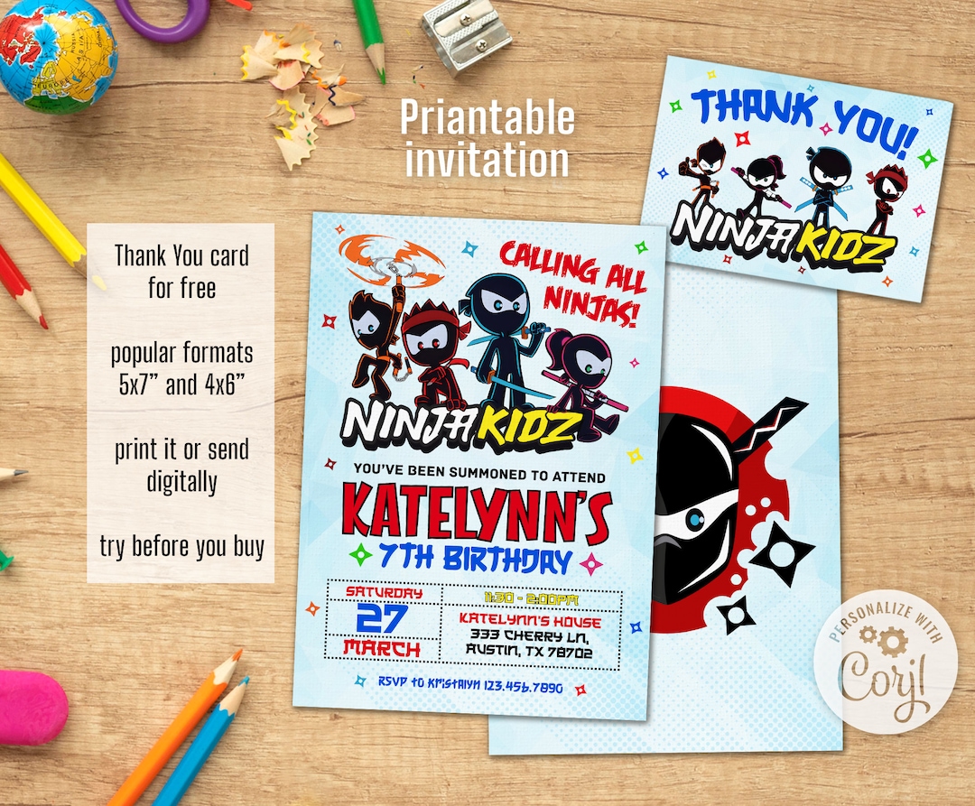 Ninja Kidz Editable Printable Invitation, Boy Girl Birthday Invitation ...