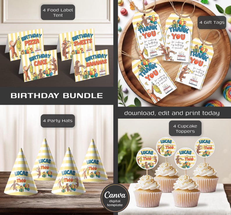 Curious George Party Bundle: Gift Tags, Cupcake Toppers, Table Tent ...