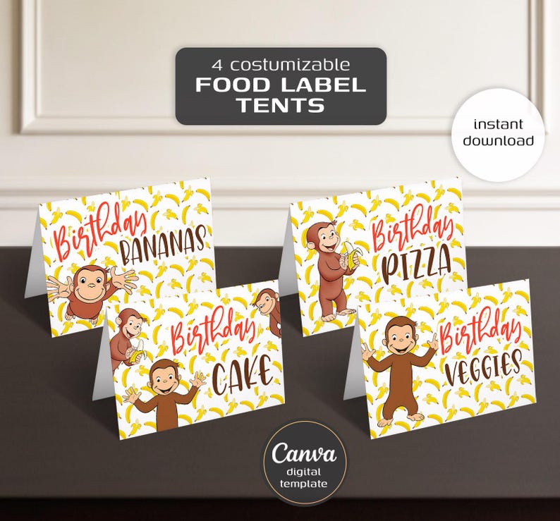 Curious George Printable Table Tent, Food or Name Lable, Birthday Party ...