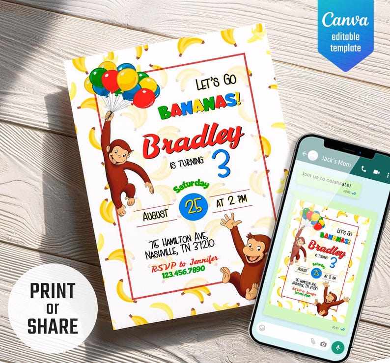 Curious George Birthday Invitation, Curious George Party, Printable ...