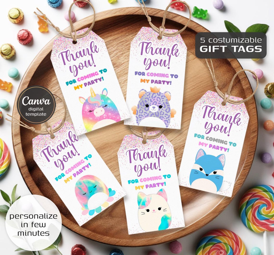 Squish Printable Gift Tags, Birthday Party Thank You Card, Editable ...