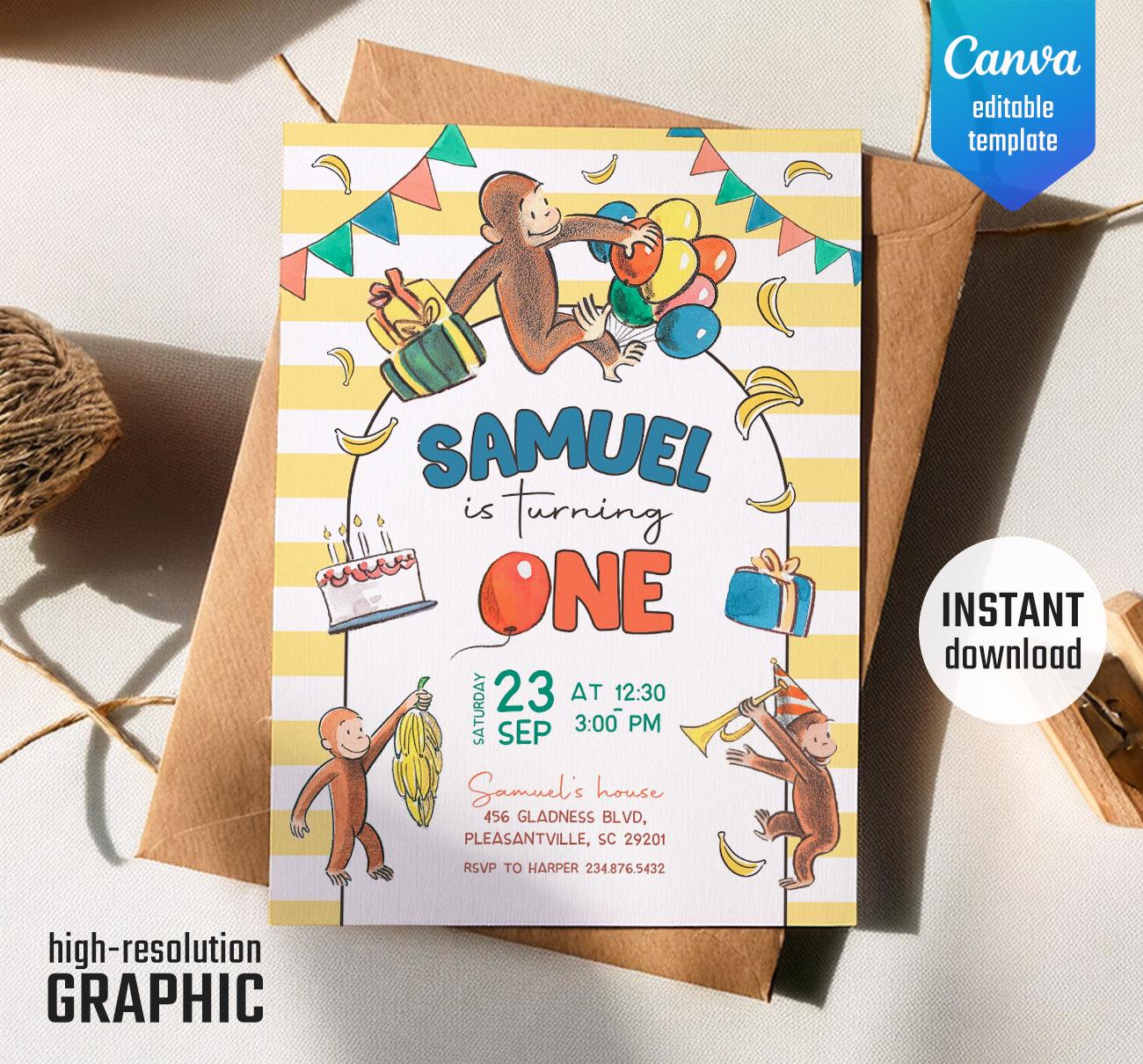 Curious George Birthday Invitation, Ape Invite, Editable Template, Boy ...