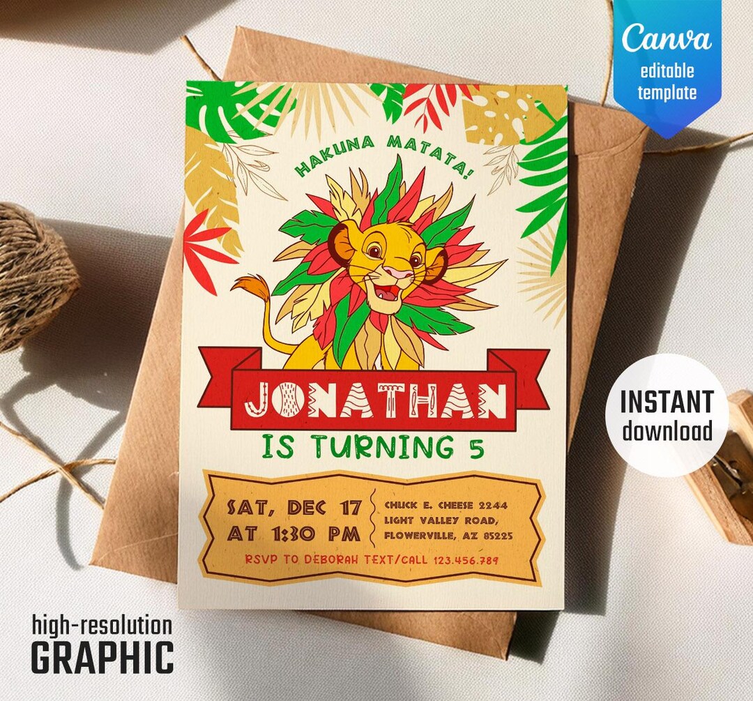 Simba Printable Birthday Invitation Template, Bday Invitation, Hakuna ...