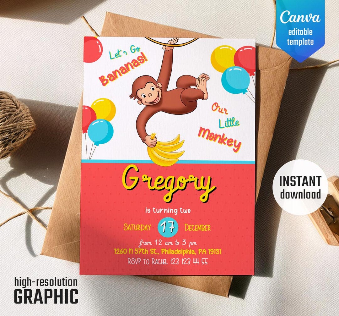 Curious George Birthday Invitation, Ape Invite, Editable Template, Boy ...