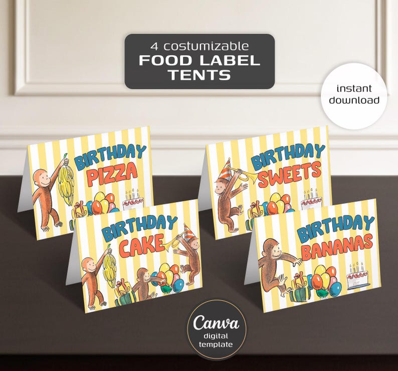 Curious George Printable Table Tent, Food or Name Lable, Birthday Party ...