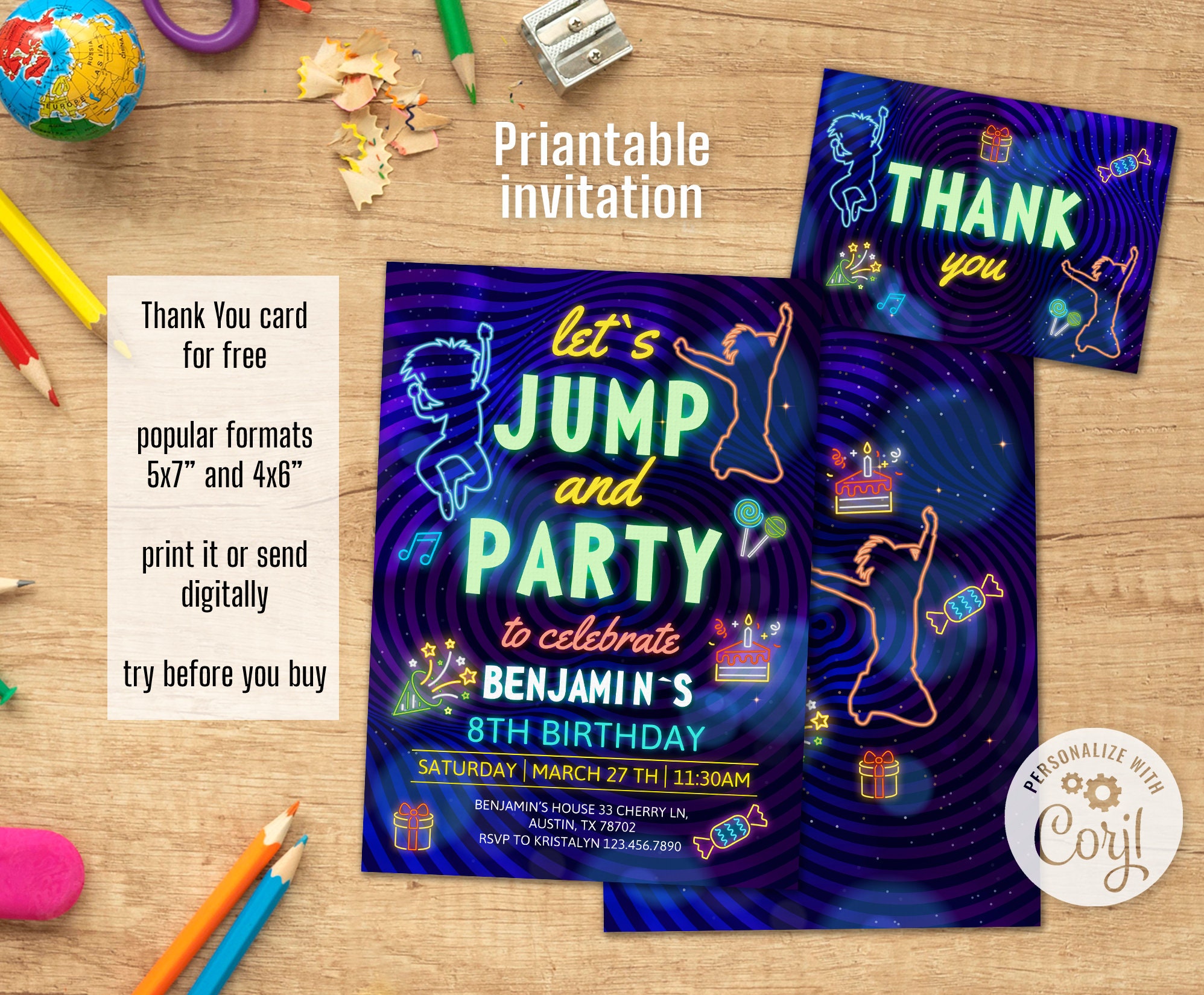 Editable Invitation Printable Birthday Invite, Jump Invitation Instant ...