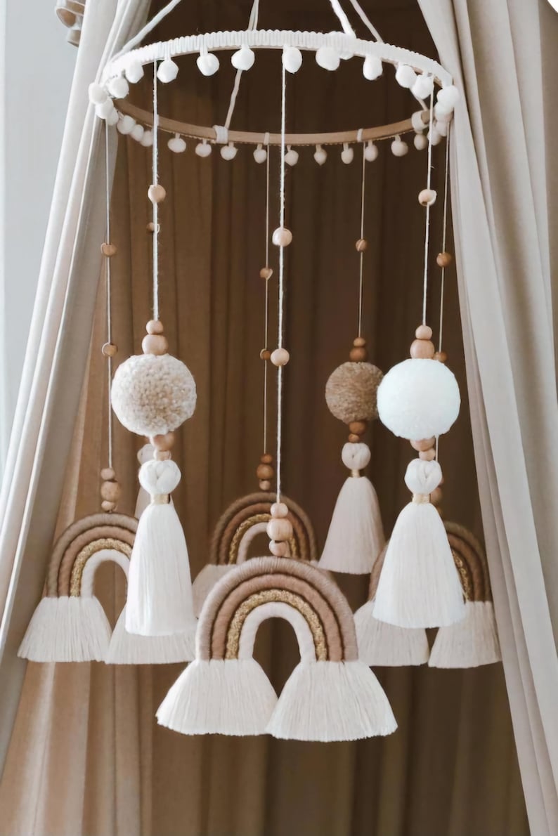 Handcrafted Boho Rainbow Mobile: Tassels & Pom Poms Nursery Decor - Etsy