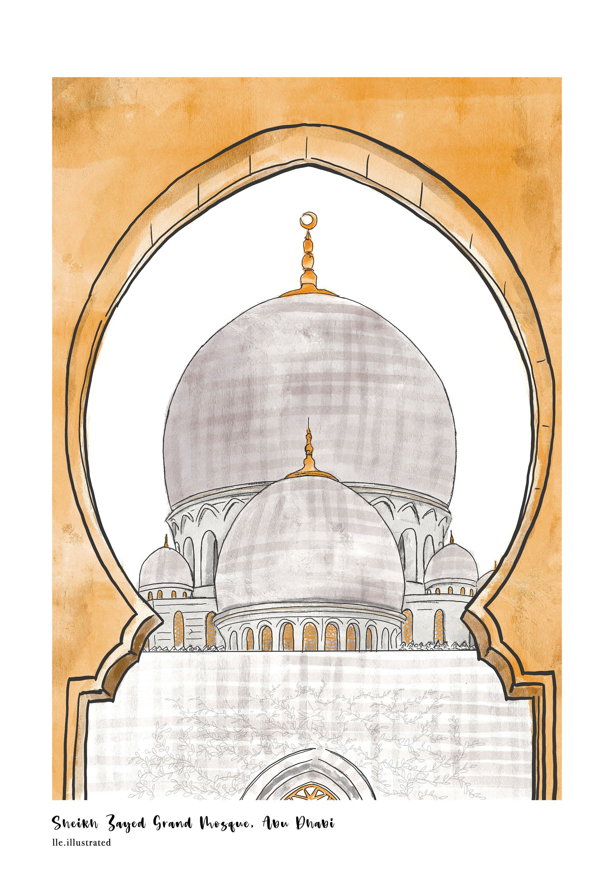 Sheikh Zayed Grand Mosque Print, Travel Illustration, Poster, Islamic ...
