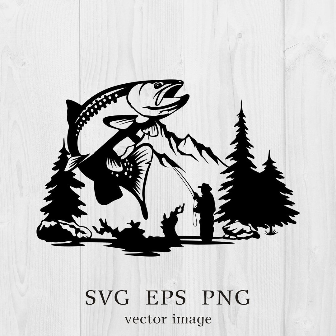 Up at Dawn Trout Fishing Scene SVG PNG Mountain River Fisherman Svg ...