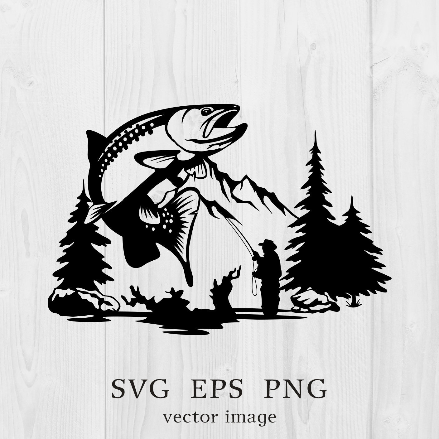 Up at Dawn Trout Fishing Scene SVG PNG Mountain River Fisherman Svg ...