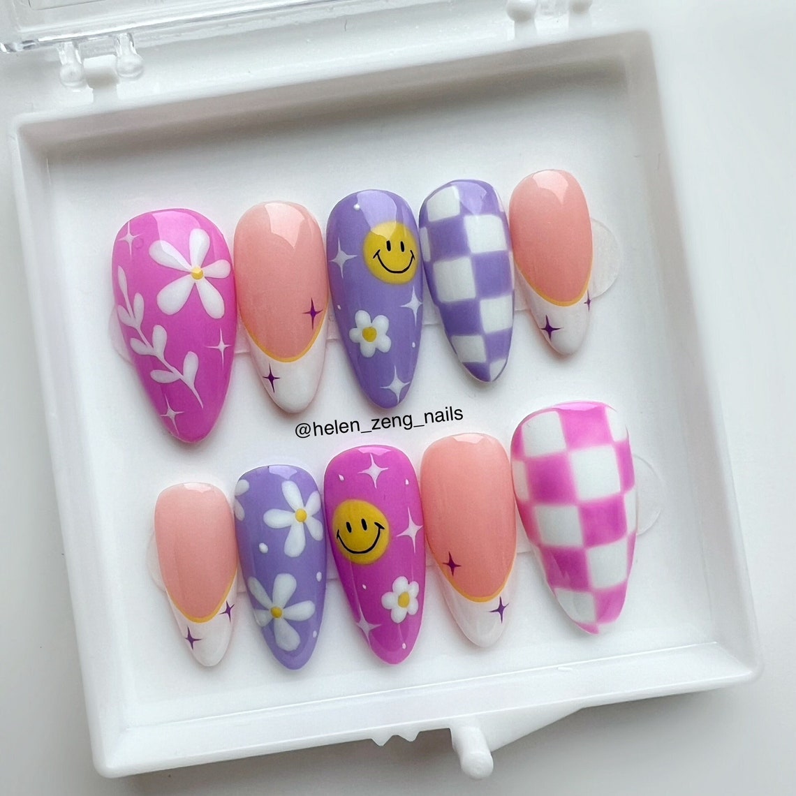 Hand-painted Press on Nails. Cute Purple Mixed Nail Art. Reusable ...