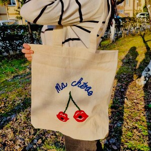 Cherry Embroidered Tote Bag , Handmade Embossed Fabric , Punch Needle ...
