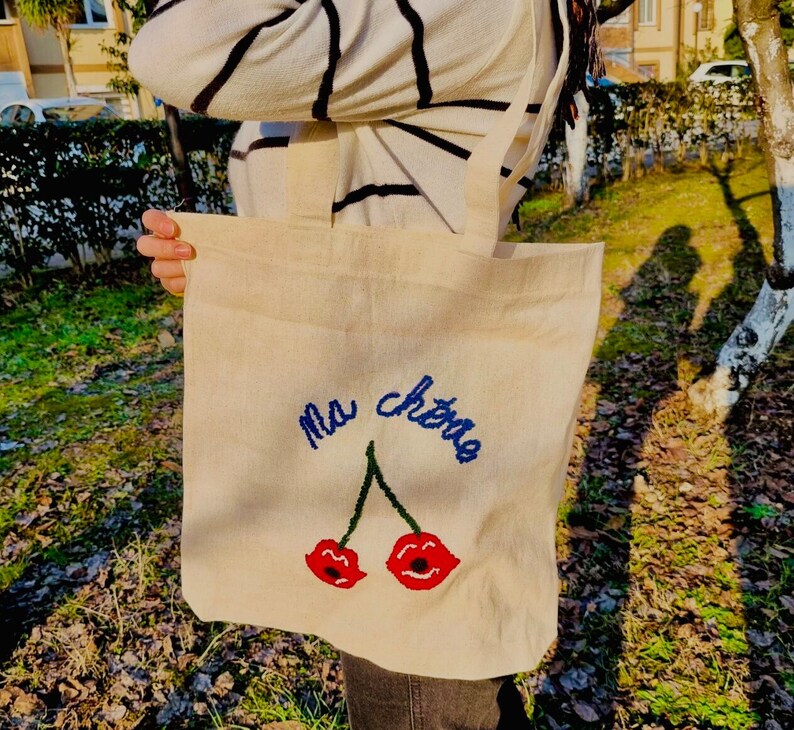 Cherry Embroidered Tote Bag Handmade Embossed Fabric Punch - Etsy