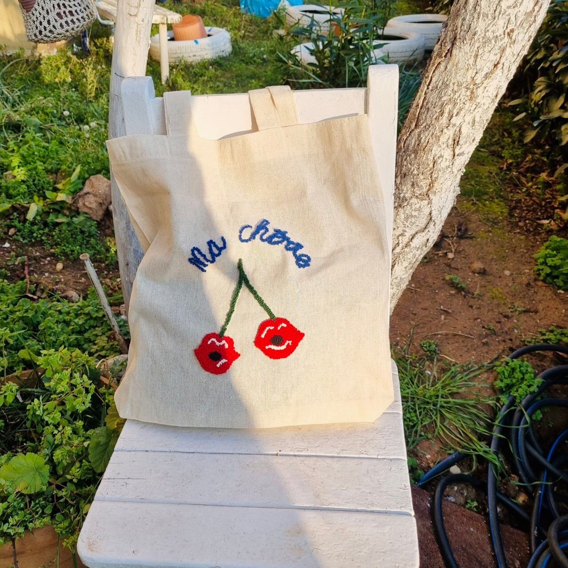 Cherry Embroidered Tote Bag Handmade Embossed Fabric Punch - Etsy