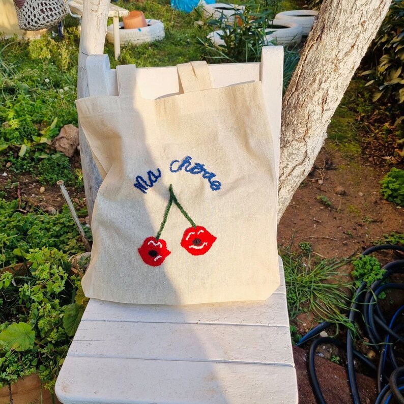 Cherry Embroidered Tote Bag Handmade Embossed Fabric Punch - Etsy