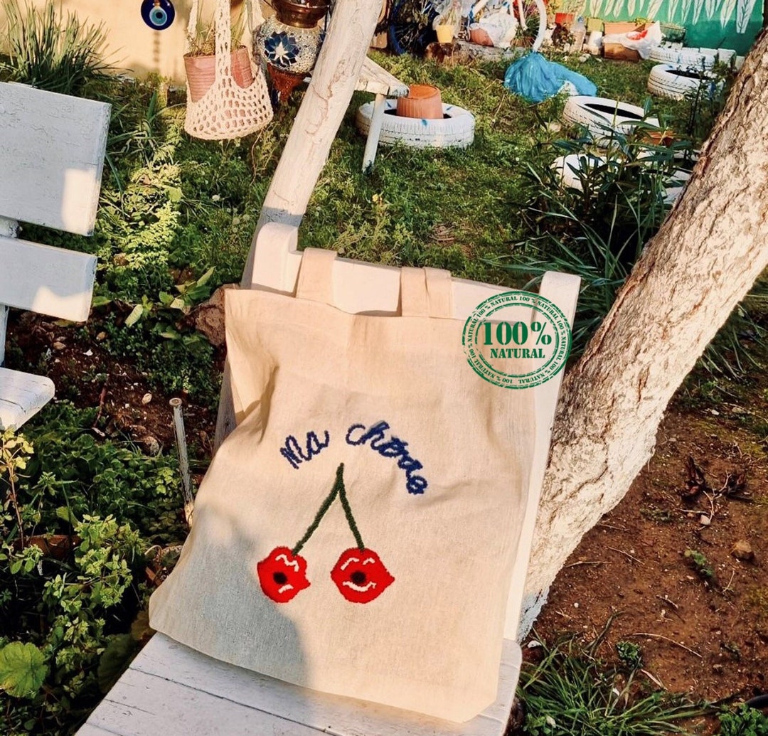 Cherry Embroidered Tote Bag , Handmade Embossed Fabric , Punch Needle ...