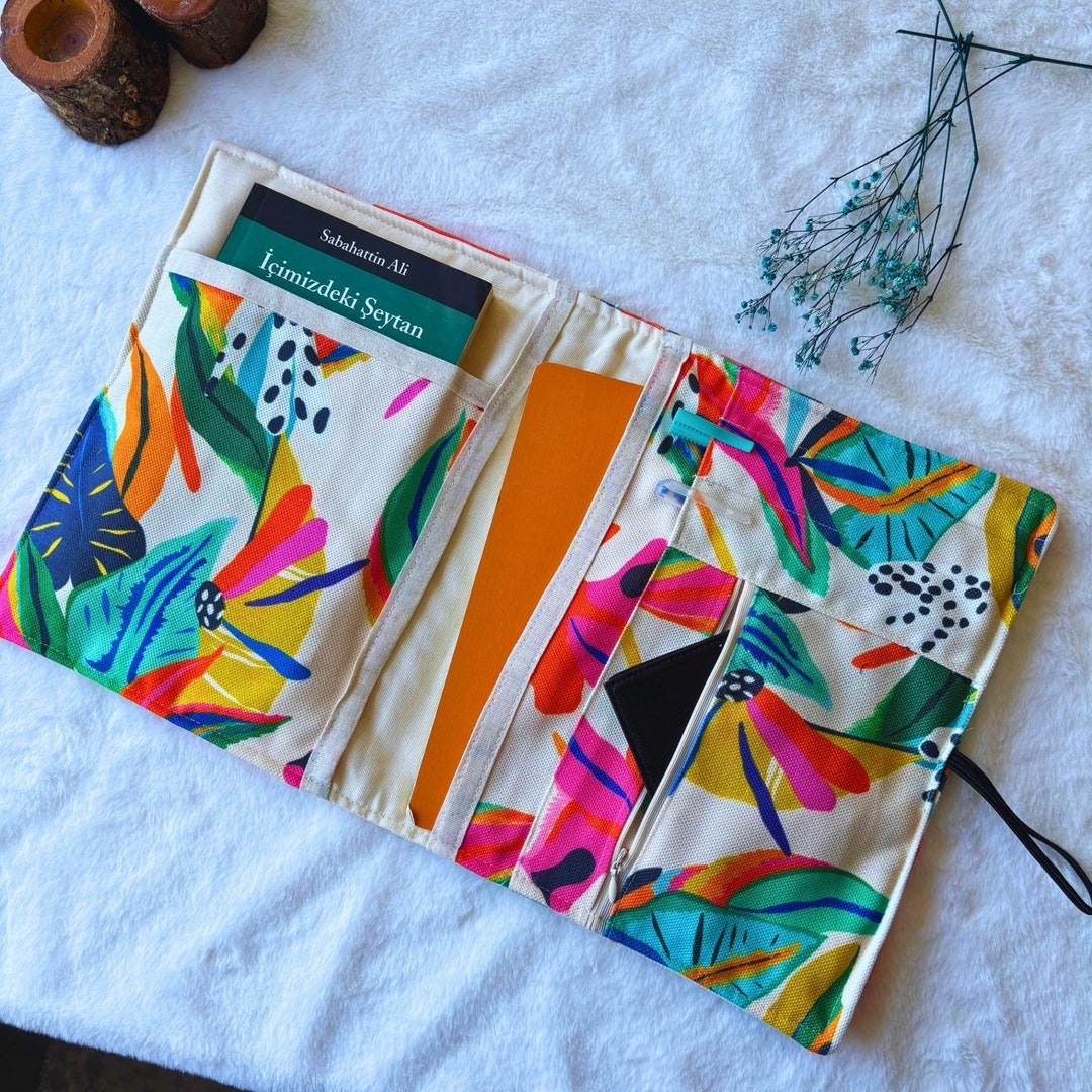 Floral Double Book Sleeve With Pockets, Journal Bag, Handmade Book ...