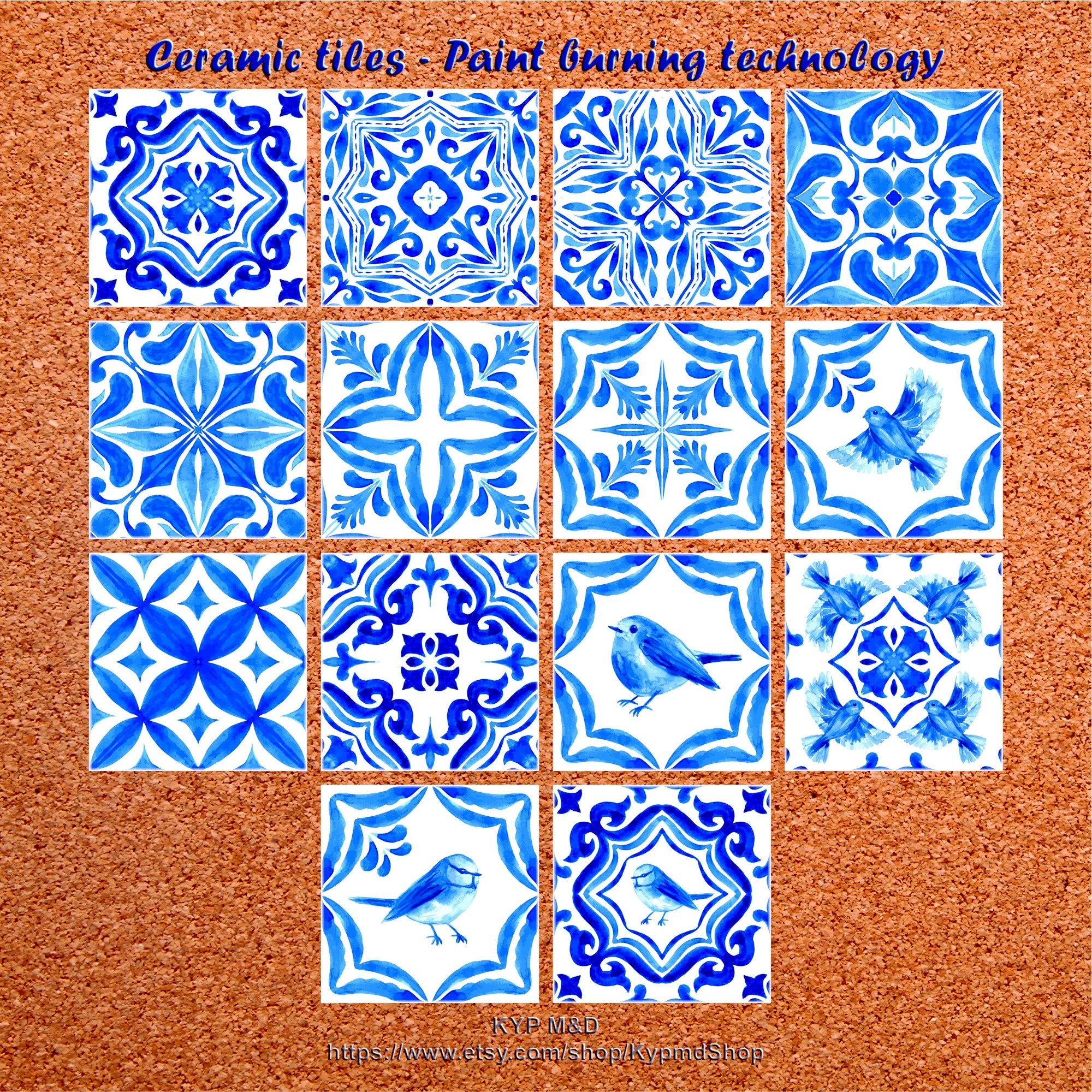 Pack of 20 Portuguese Watercolor Ceramic Tiles: Selectable Patterns ...