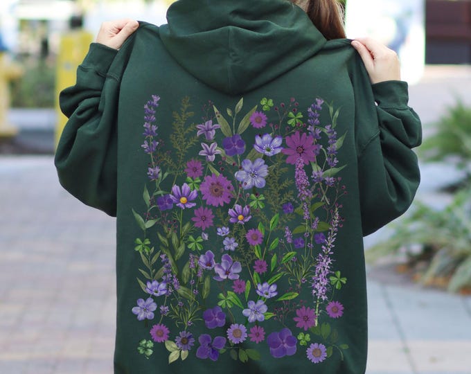 Vintage Pressed Flowers Hooded Sweatshirt, Boho Cottagecore Pastel ...