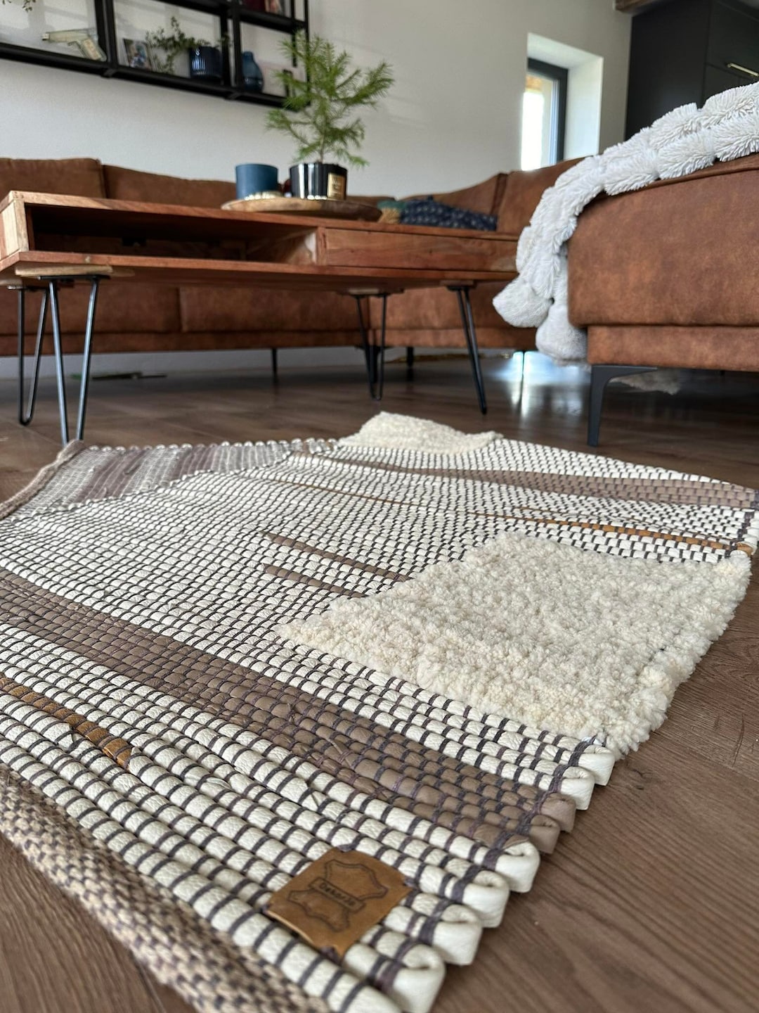 Leather Rug With Sheep Skin / Pure Leather Rug Runner / Handwoven ...