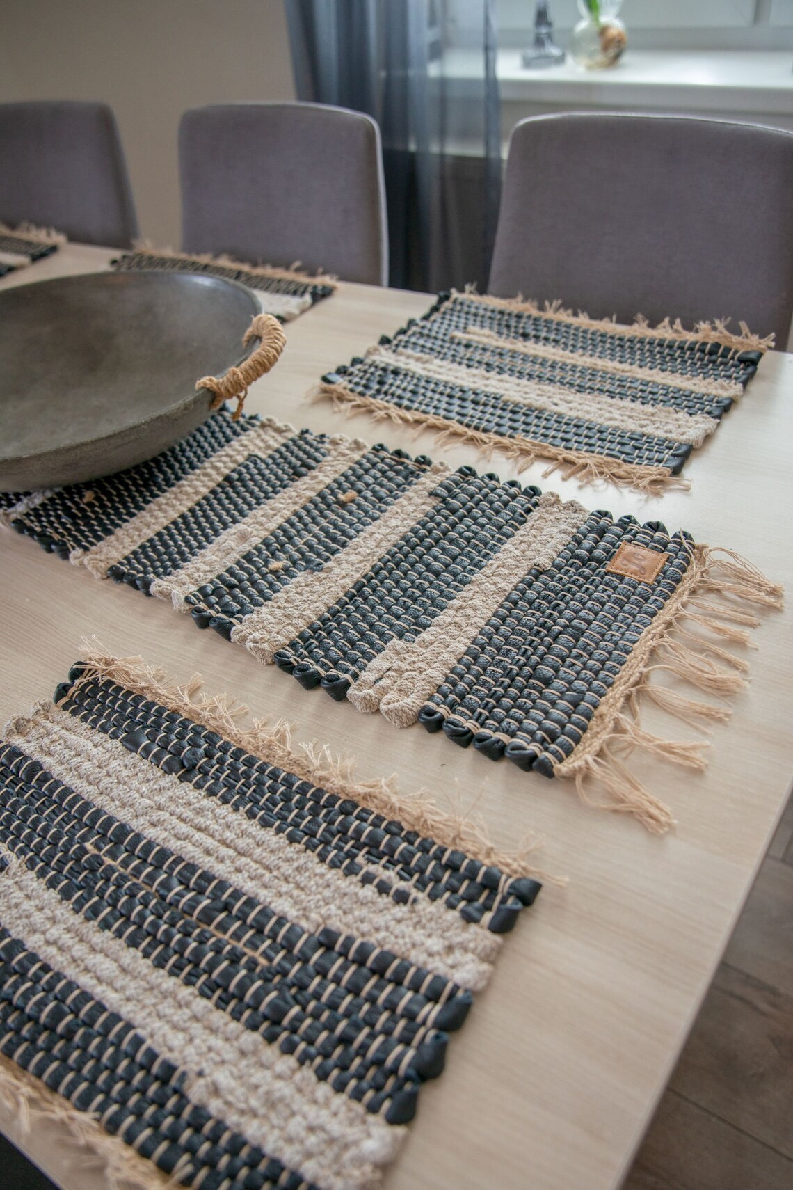 Vintage Table Leather Cloth Set / Black Leather Placemats / Placemats ...