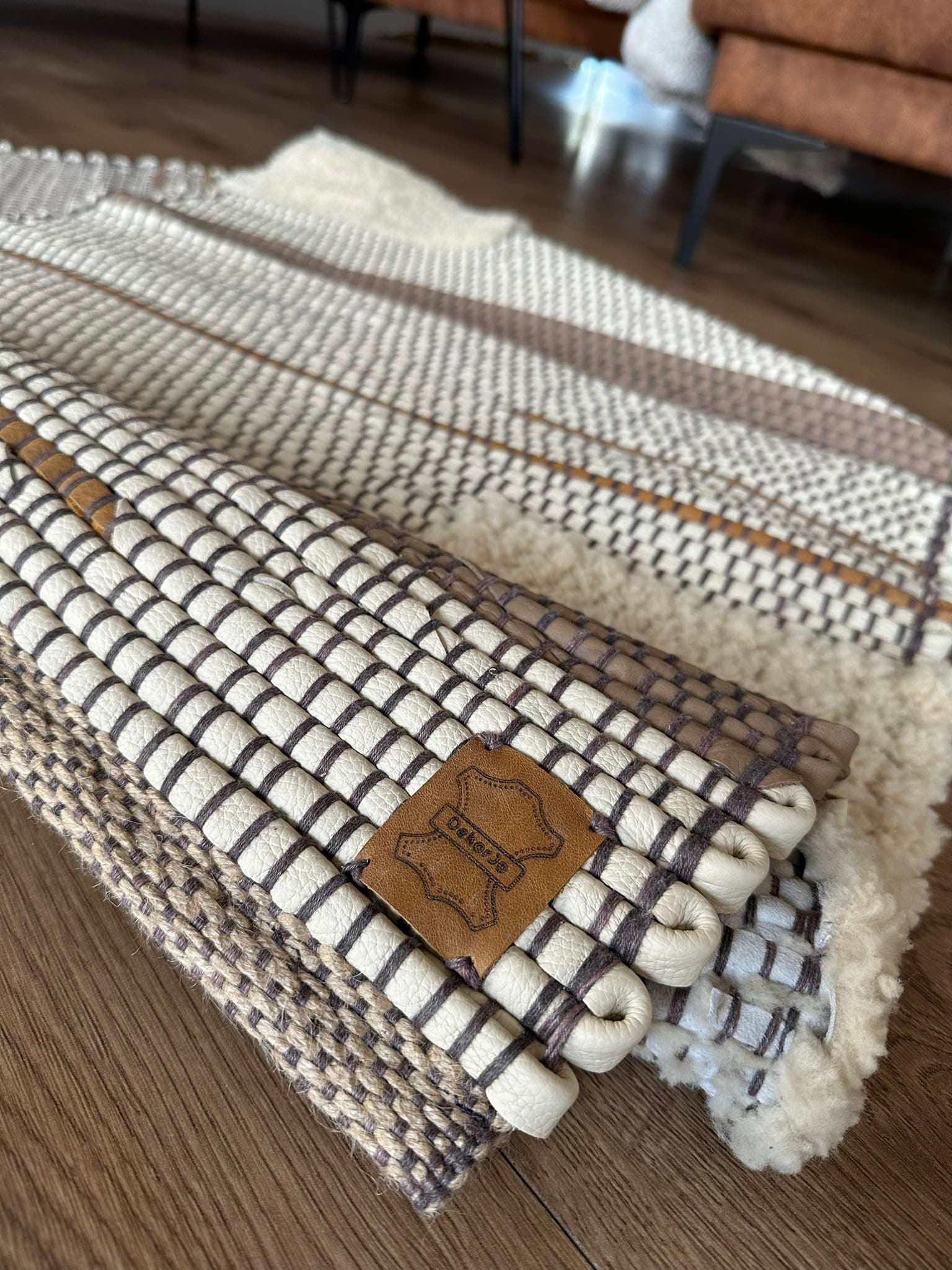 Leather Rug With Sheep Skin / Pure Leather Rug Runner / Handwoven ...