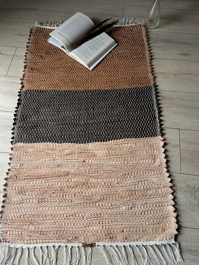 Natural Leather Runner Rug - Custom Rag Rug - Handmade Area Rug for ...
