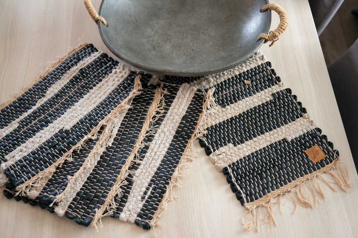 Vintage Table Leather Cloth Set / Black Leather Placemats / Placemats ...