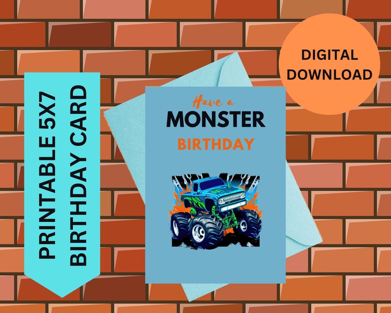 Blue Monster Truck Happy Birthday Digital Download Printable Card - Etsy