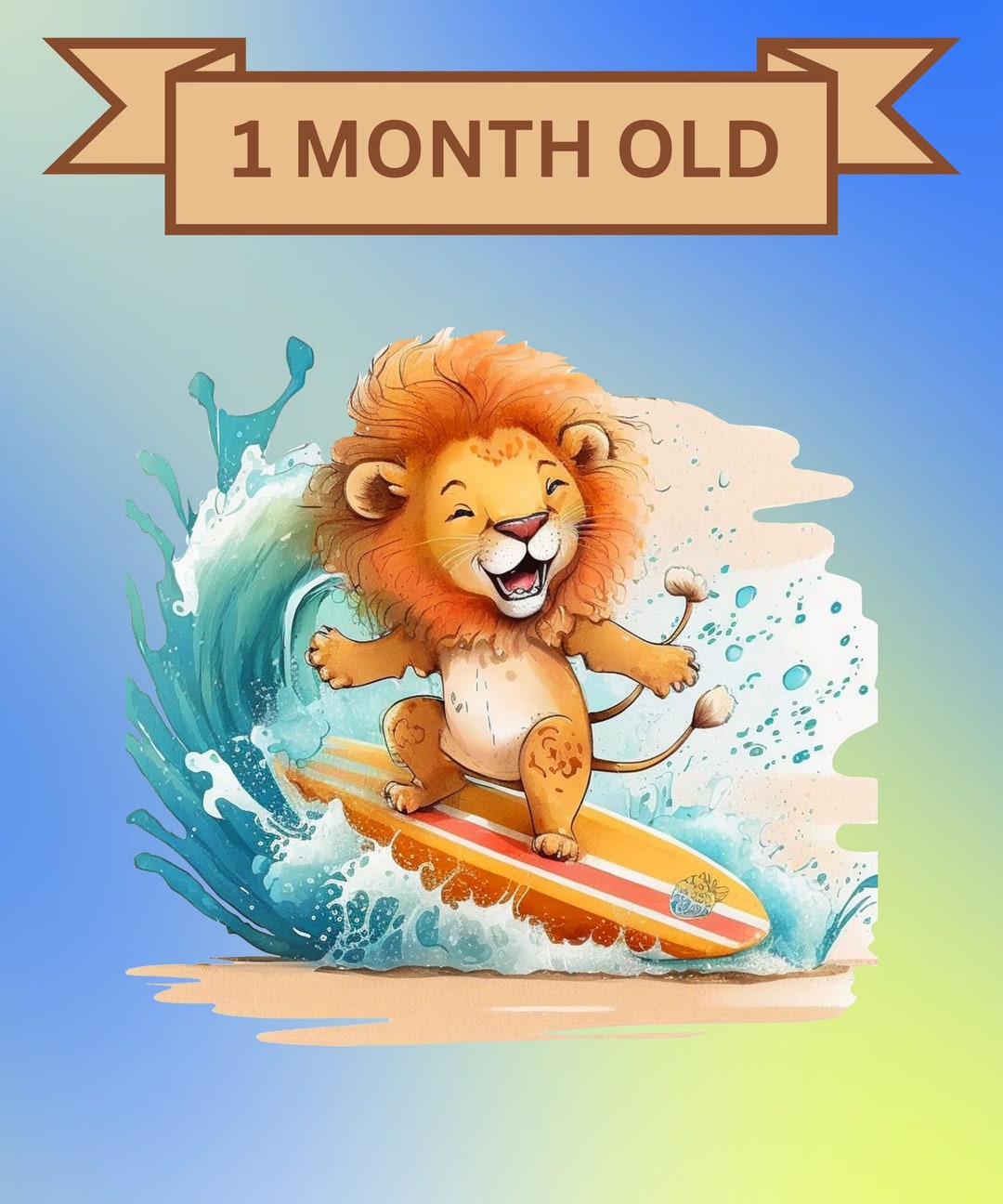 Cute Surfing Lion 1-12 Month Baby Milestone Flash Cards Download Wall ...