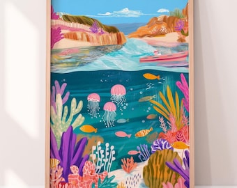 Coral Reefs Ascend Art Print | Vibrant Beach Ocean Poster | Colorful ...