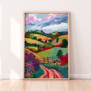 Abstract Countryside Painting, Colorful Scenery Wall Art, Plants ...