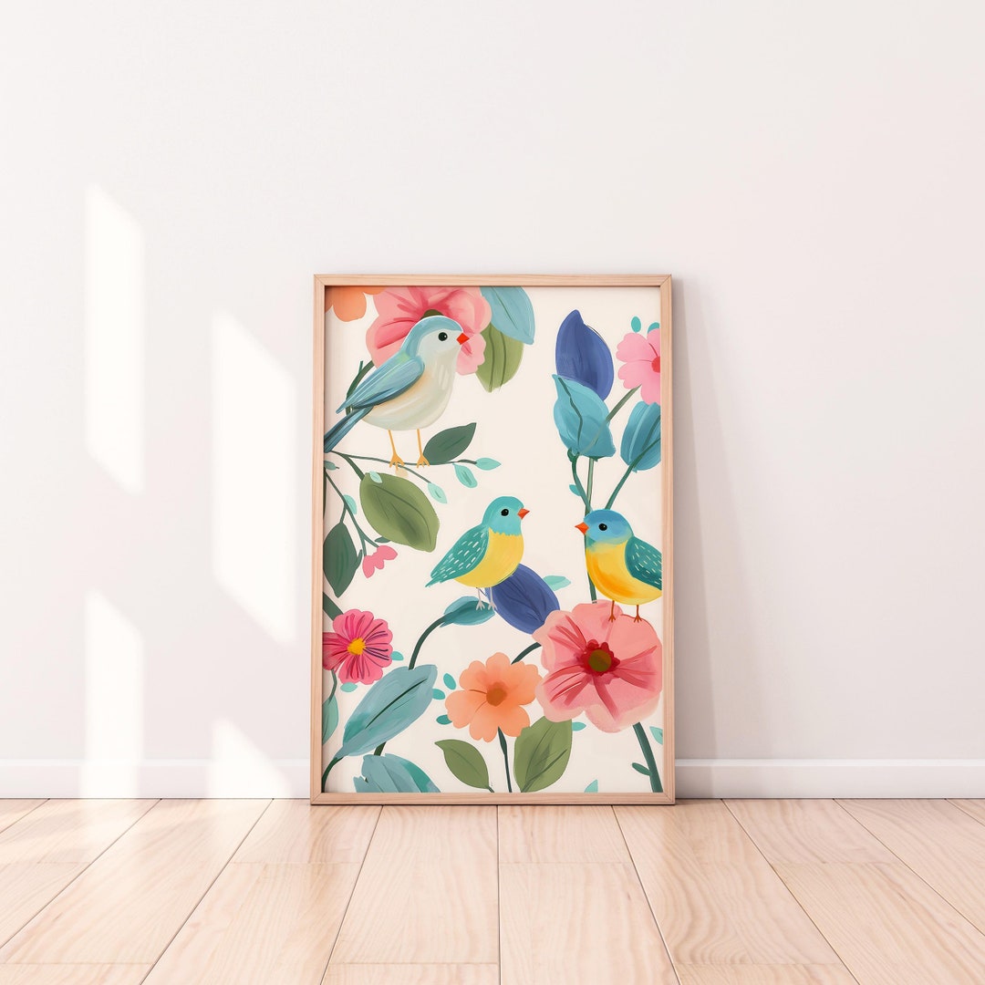 Floral Birds Art Print: Pastel Spring Illustration (digital Download) - Etsy