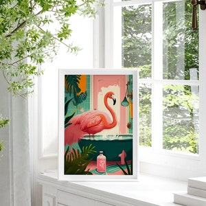 Flamingo in Bathroom Print, Bathroom Humour, Maximalist Tropical ...