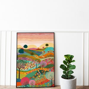 Patchwork Meadow Mountains Floral Botanical Art Print, Daisy Wild Flower Rainbow, Abstract Wall ...
