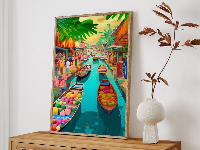 Bangkok Floating Market Art Print: Colorful Thailand Travel Poster ...