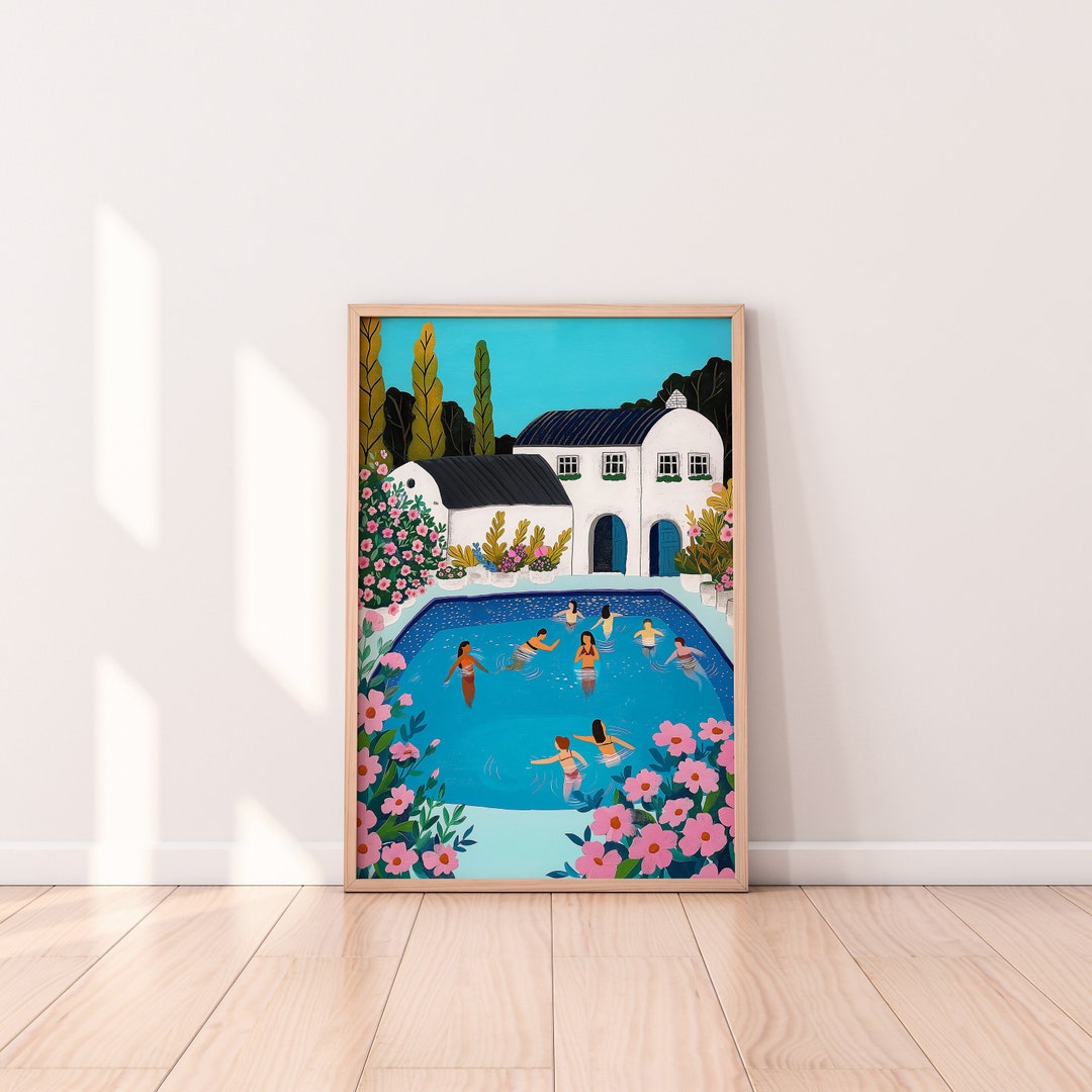 Poolside Summer Illustration, Swimming Pool Wall Art, Digital Download ...