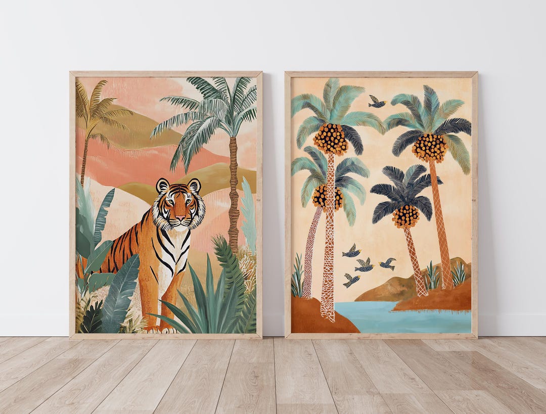 Boho Tropical Tiger & Palm Trees Art Duo - Printable Wall Decor - Etsy
