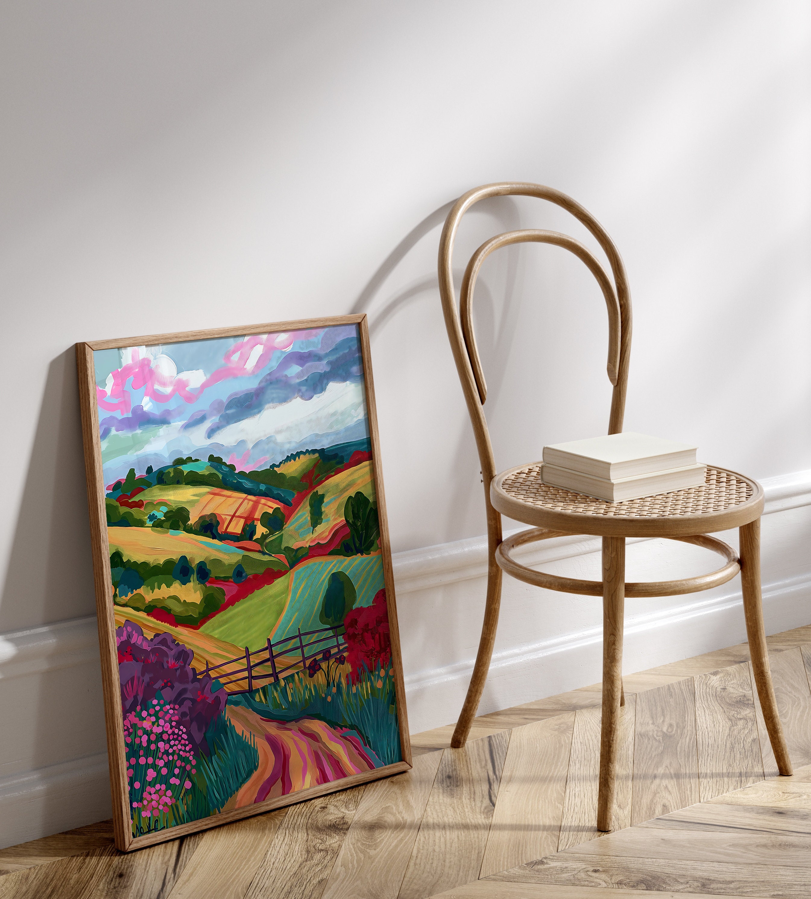 Abstract Countryside Painting, Colorful Scenery Wall Art, Plants ...