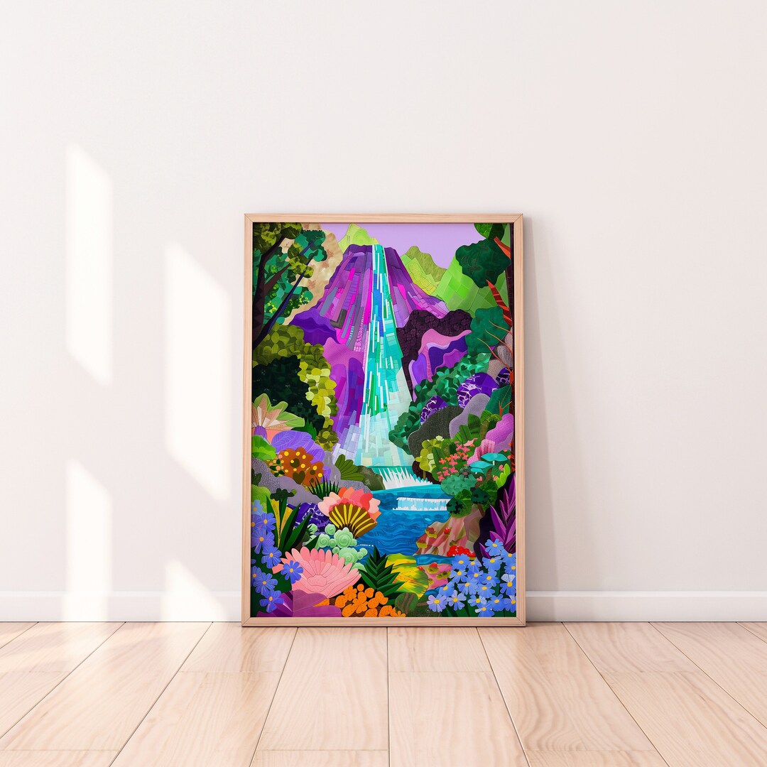 Colorful Abstract Waterfall Art Print: Floral Scenery Illustration ...