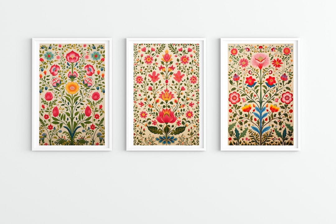 Indian Floral Art Set of 3, Indian Vintage Art, Floral Prints, Gallery ...