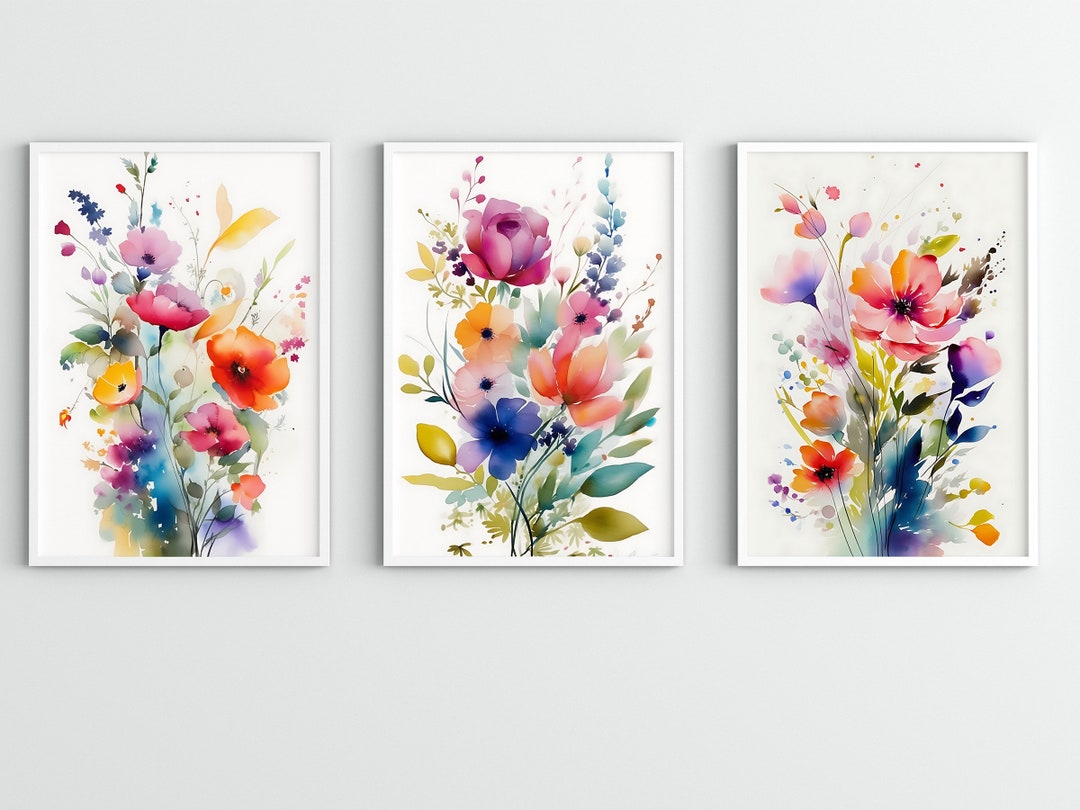 Conjunto de 3 flores coloridas, estampas florais, arte de parede ...